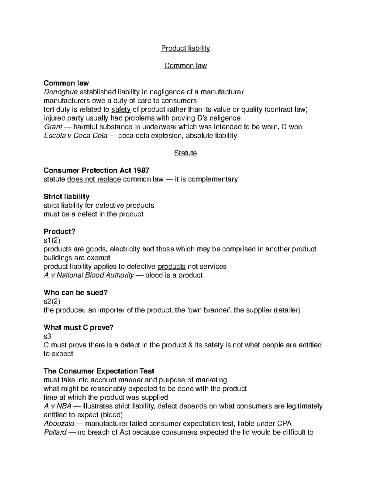 Product liability - These are personal notes made from an accumulation ...