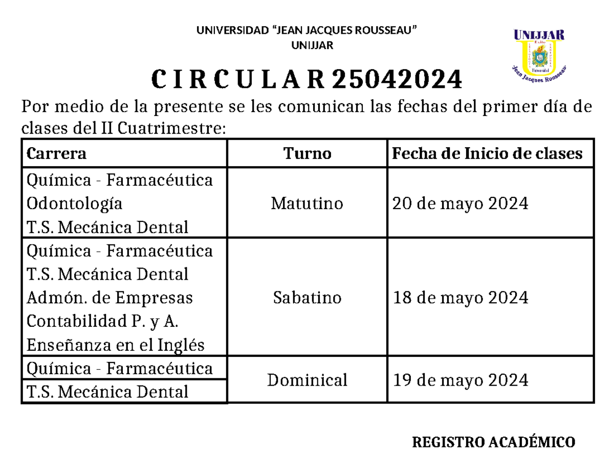 C I R C U L A R 25042024 - Circular 2024 - UNIVERSIDAD “JEAN JACQUES ...