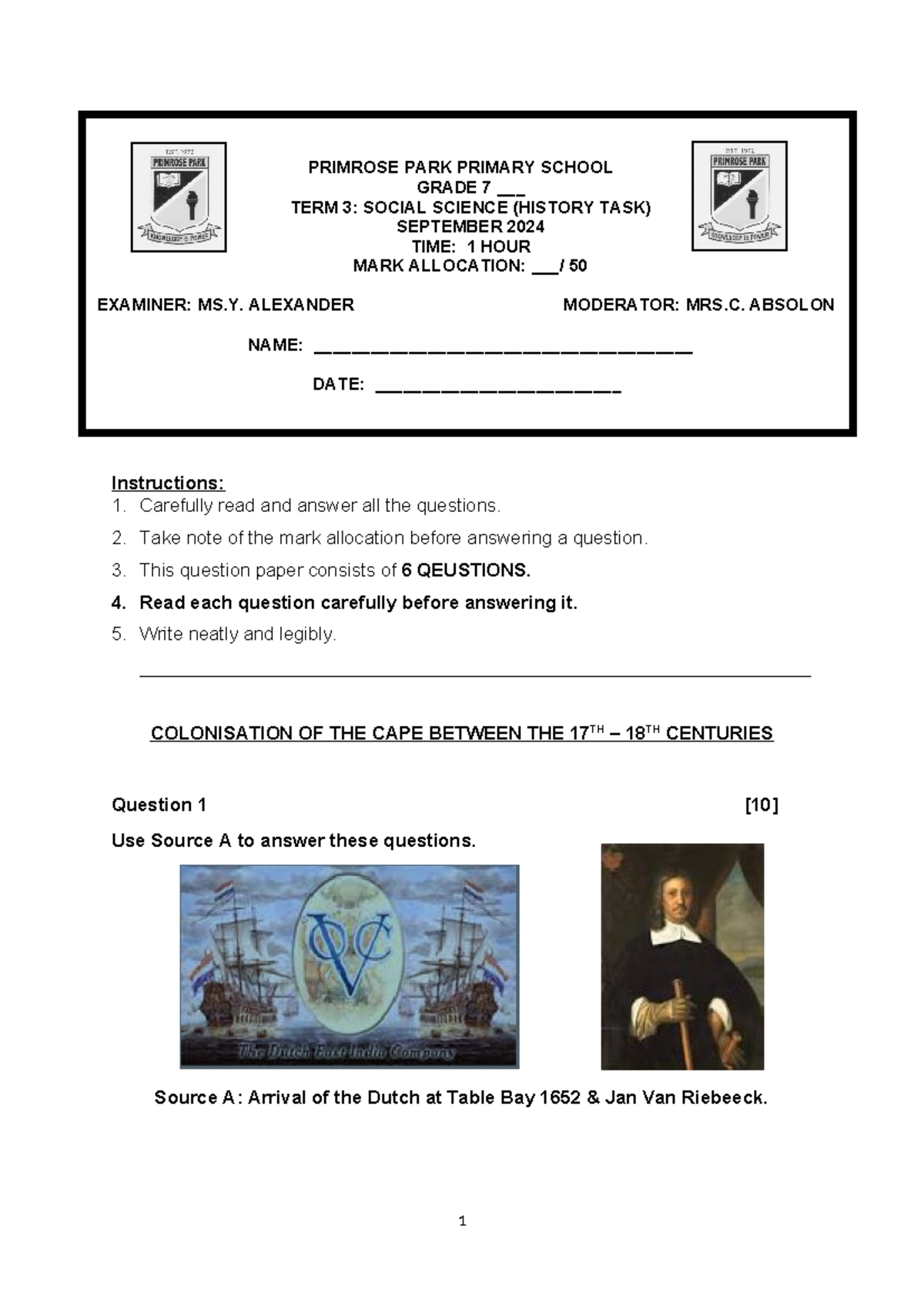 Social Science History Term 3 - PRIMROSE PARK PRIMARY SCHOOL GRADE 7 ...