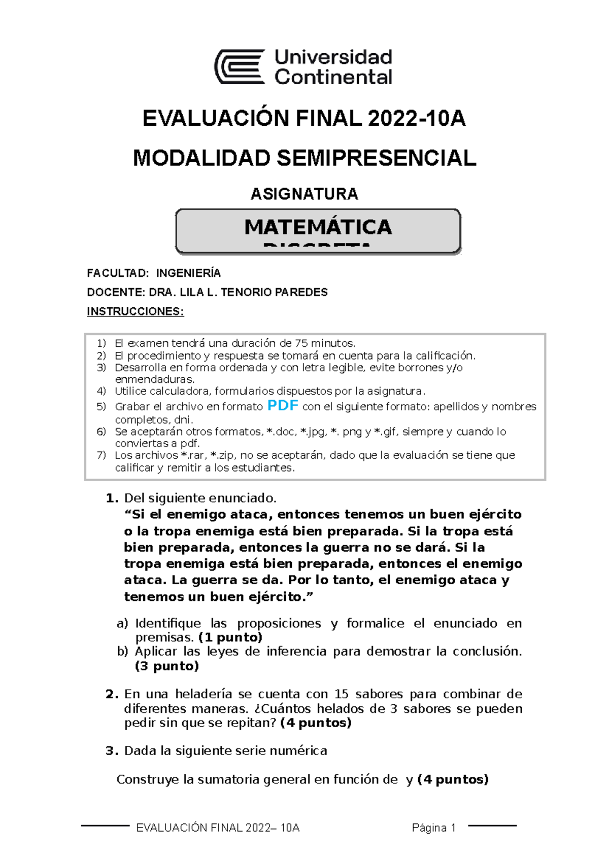 Evaluación Final - Matemática Discreta 2022 - EVALUACIÓN FINAL 2022-10A MODALIDAD SEMIPRESENCIAL ...