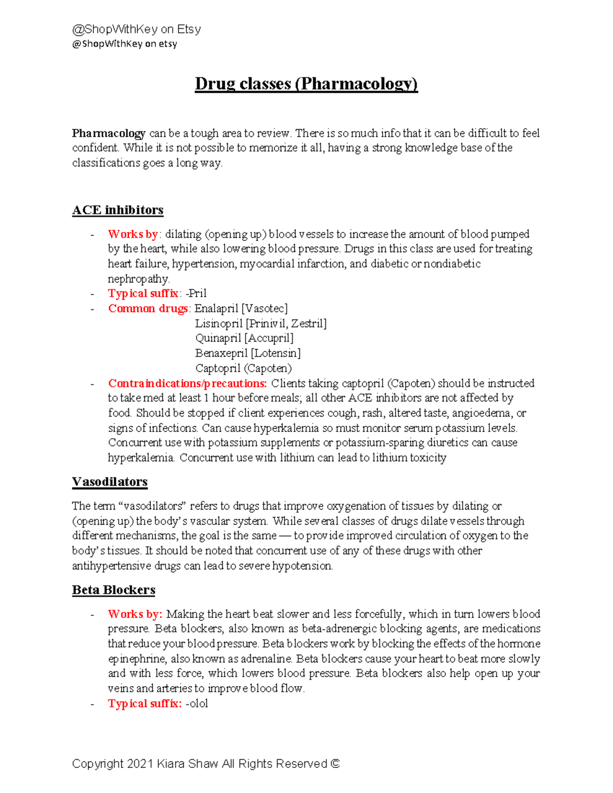 Drug classes- Pharmacology Study Guide 1 and 2 - @ShopWithKey on etsy ...