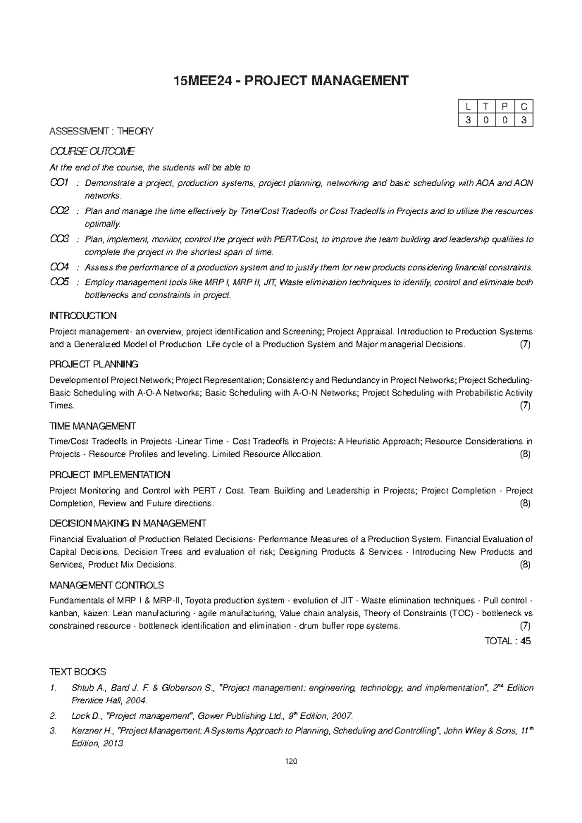 Project Management Syllabus - 120 15MEE24 - PROJECT MANAGEMENT ...