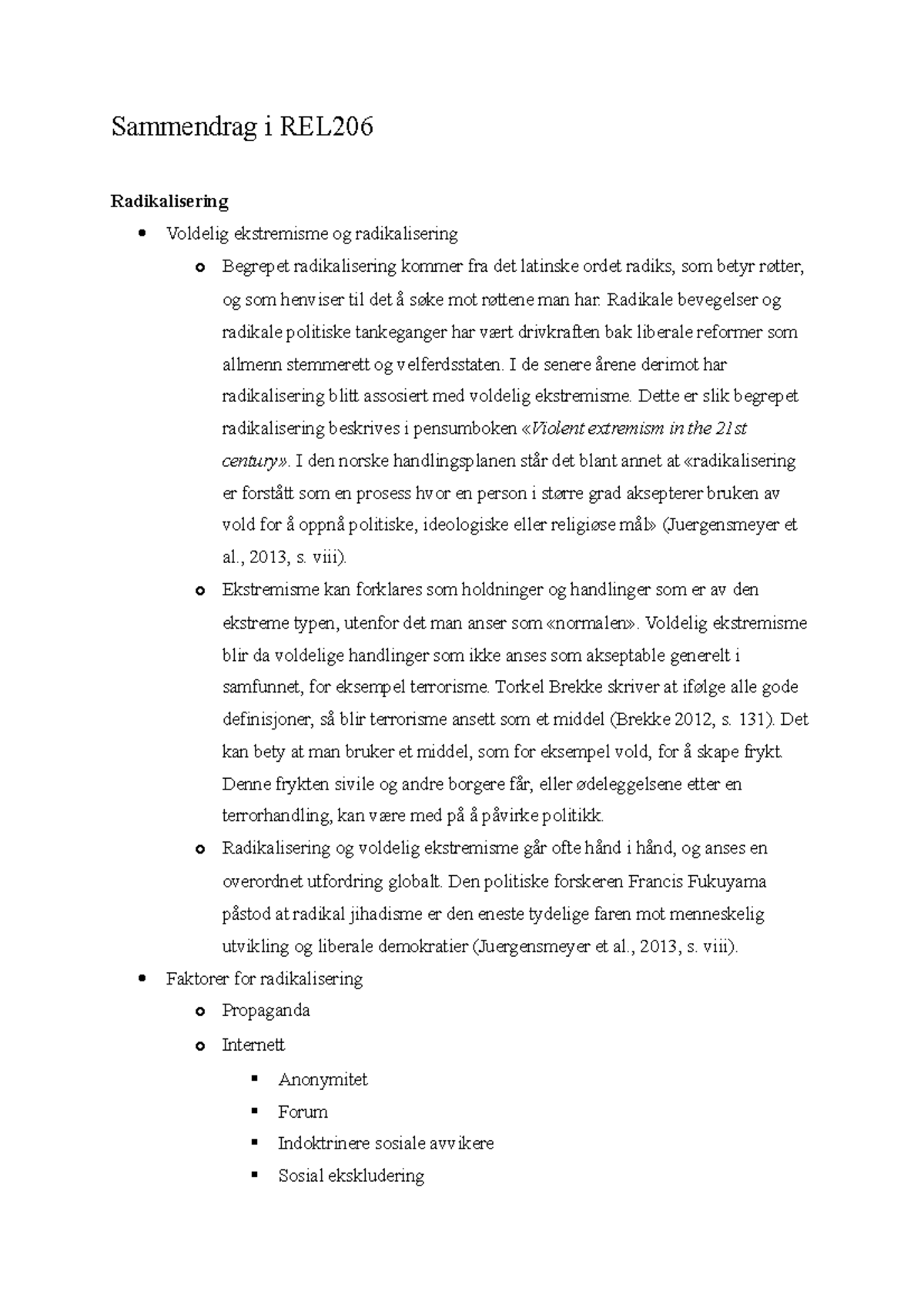 Sammendrag i REL206 - Sammendrag i REL Radikalisering Voldelig ekstremisme og radikalisering o ...