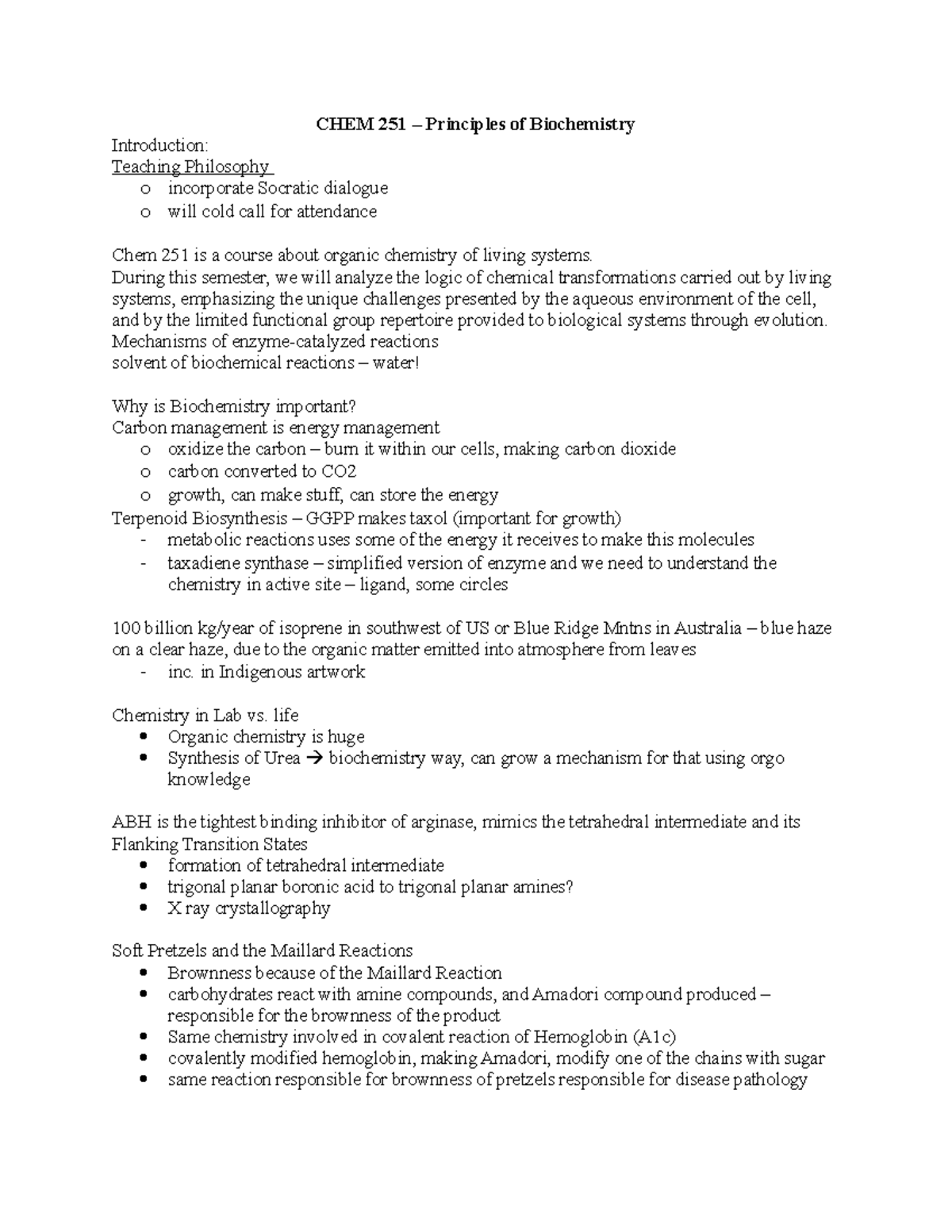 CHEM 251 - Lecture notes 1-5 - CHEM 251 – Principles of Biochemistry ...