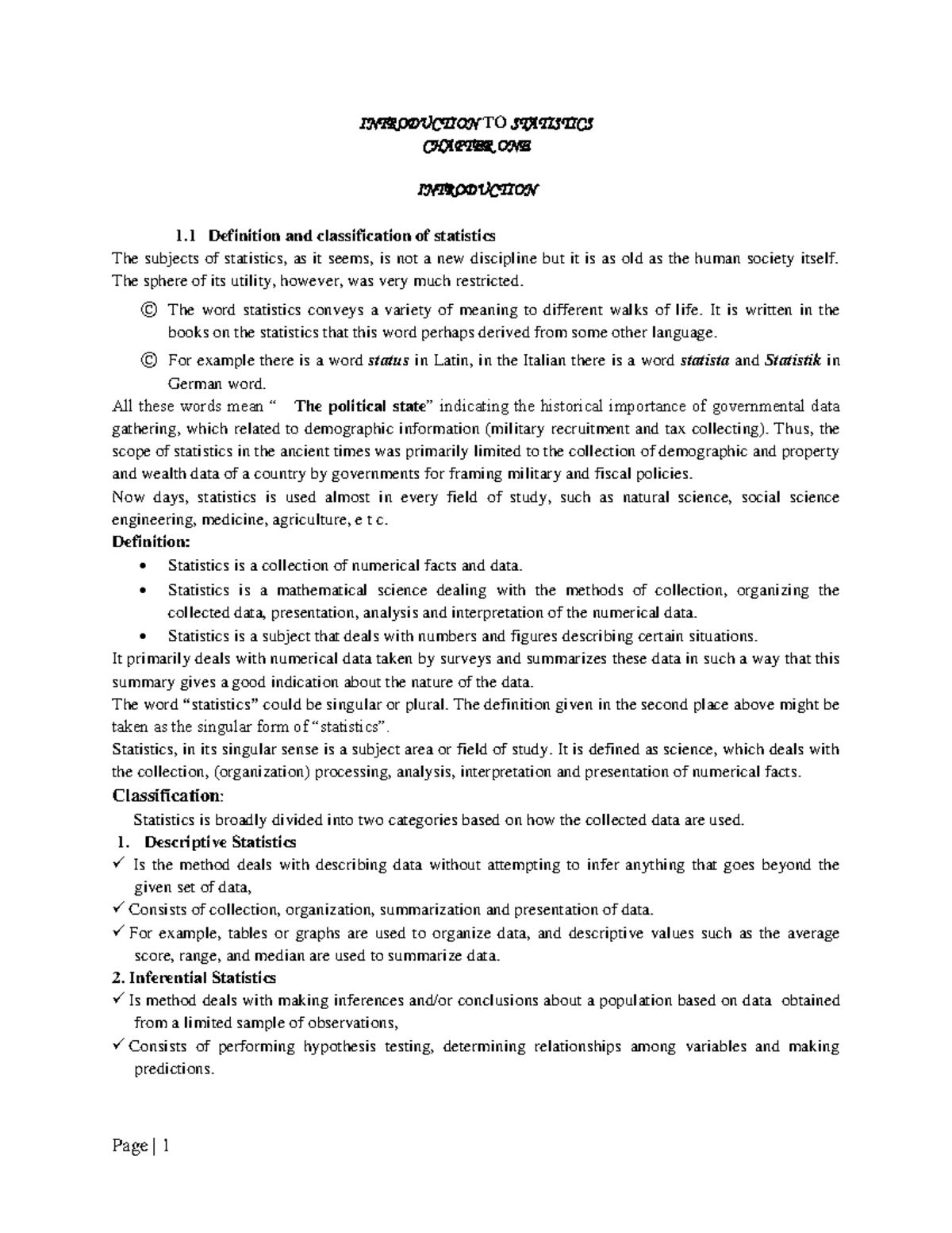 Chapter 1@2 - INTRODUCTION TO STATISTICS CHAPTER ONE INTRODUCTION 1 ...