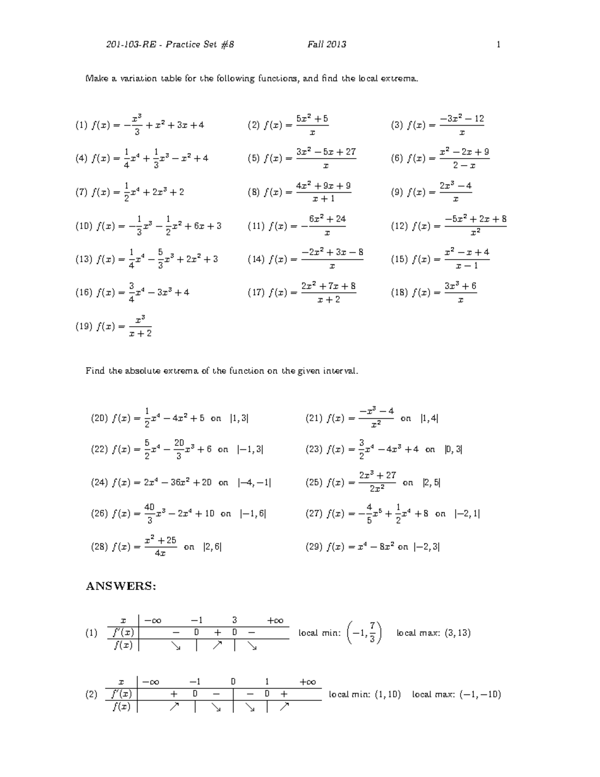 Practice Problems Variation Extrema - 201-103-RE - Practice Set #8 Fall ...