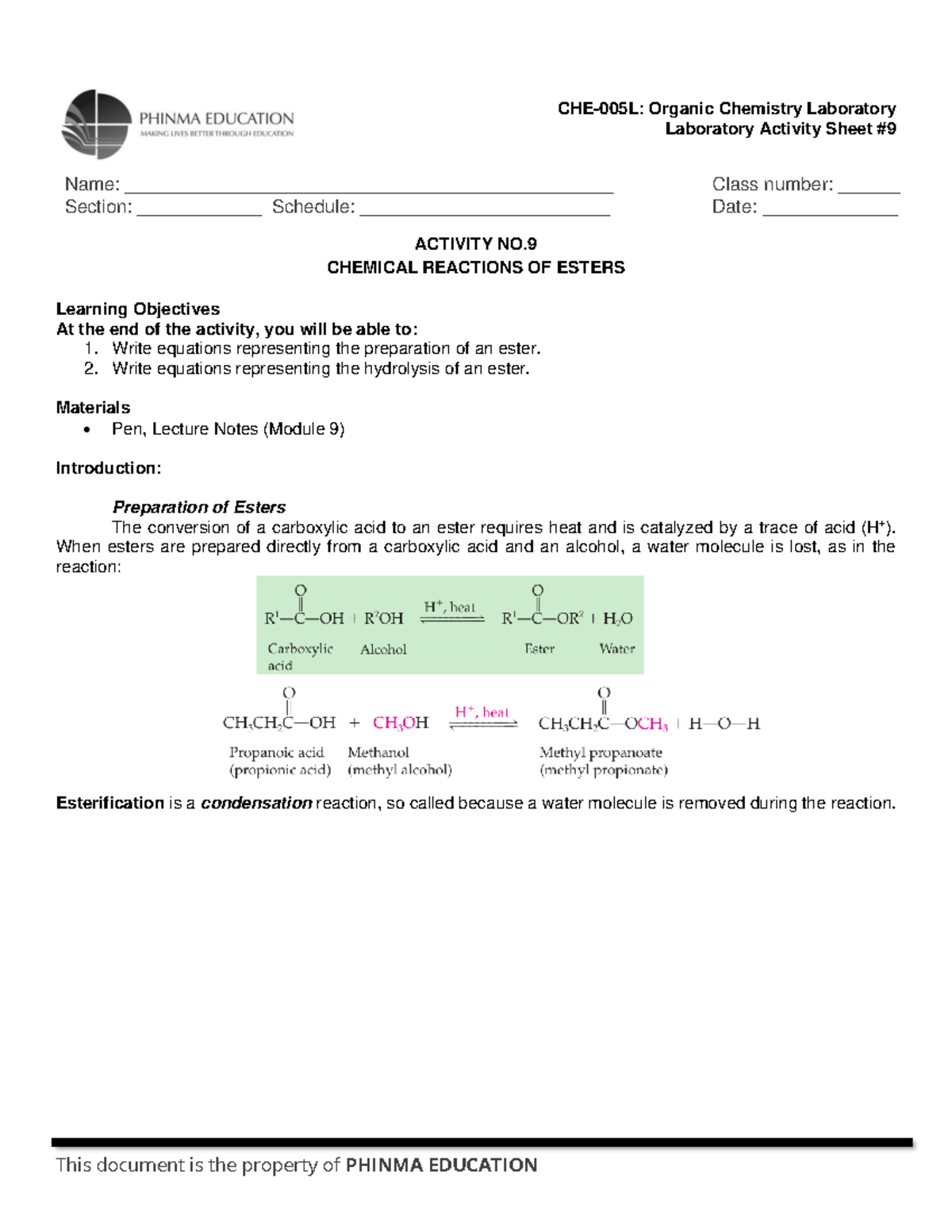 LAS9 CHE 005L- Chemical Reactions of Esters - Laboratory Activity Sheet Name: - Studocu