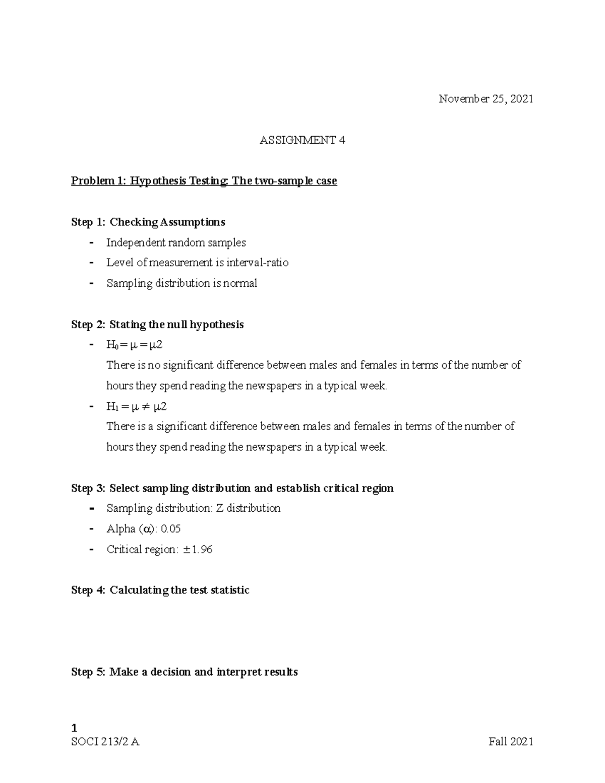 SOCI213 - Assignment 4 (Statistics 2) - November 25, 2021 ASSIGNMENT 4 ...