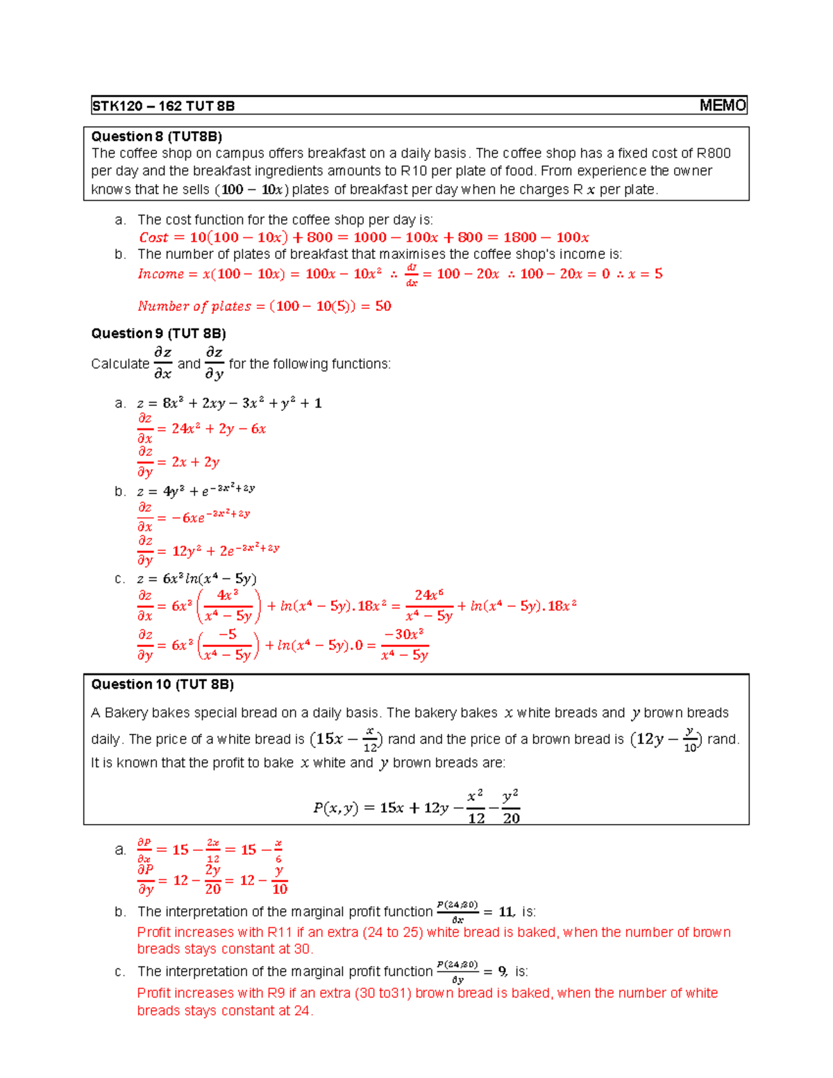 STK120 - 162 - Tutorial 8B Preparation MEMO - 2023 - STK120 – 162 TUT ...