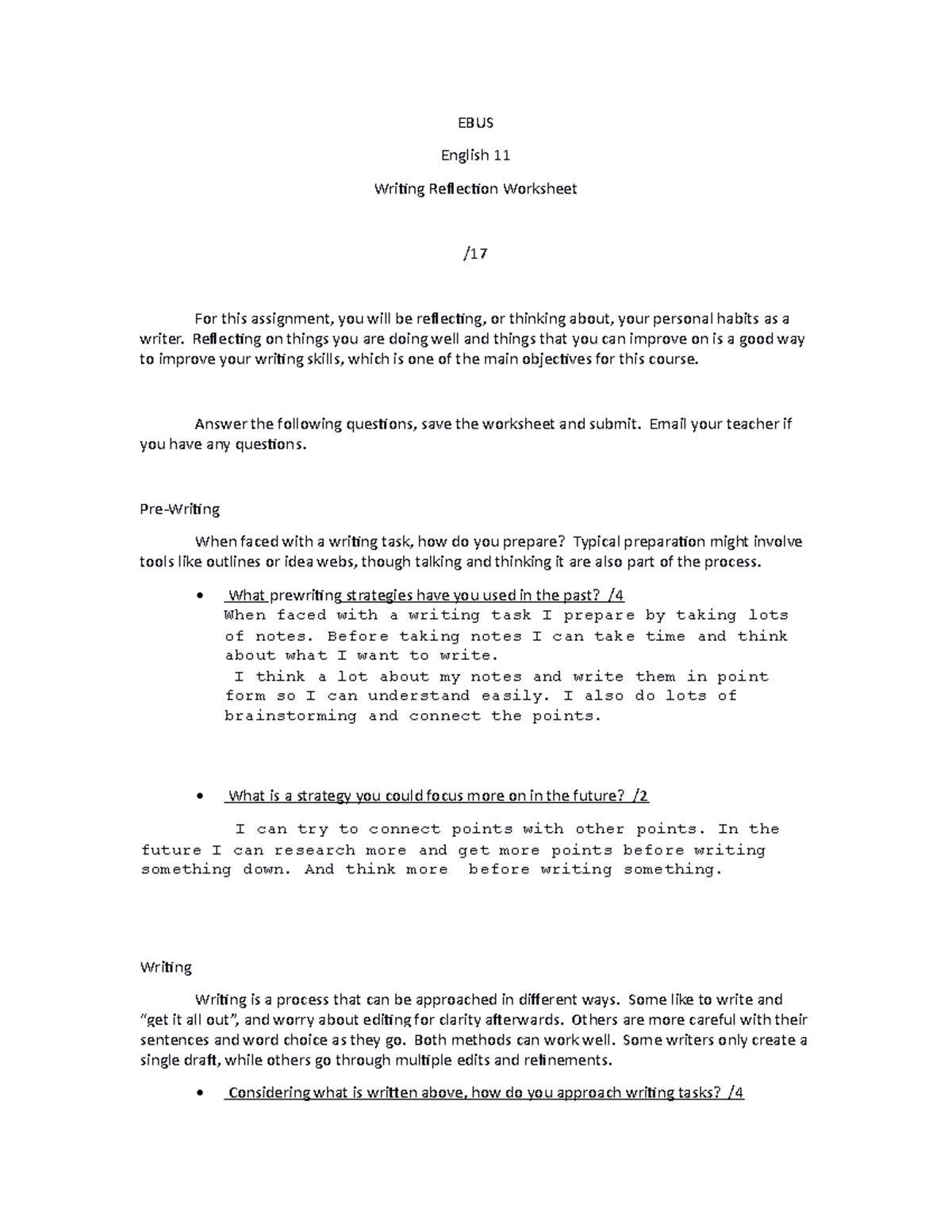 Writing Reflection Worksheet (3) easy to learn and understand - EBUS ...