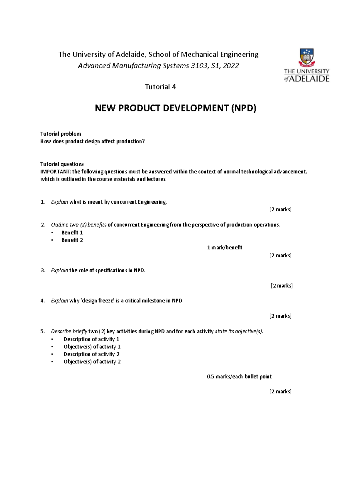 Tutorial 4 (New Product Development) 2022 - The University of Adelaide ...