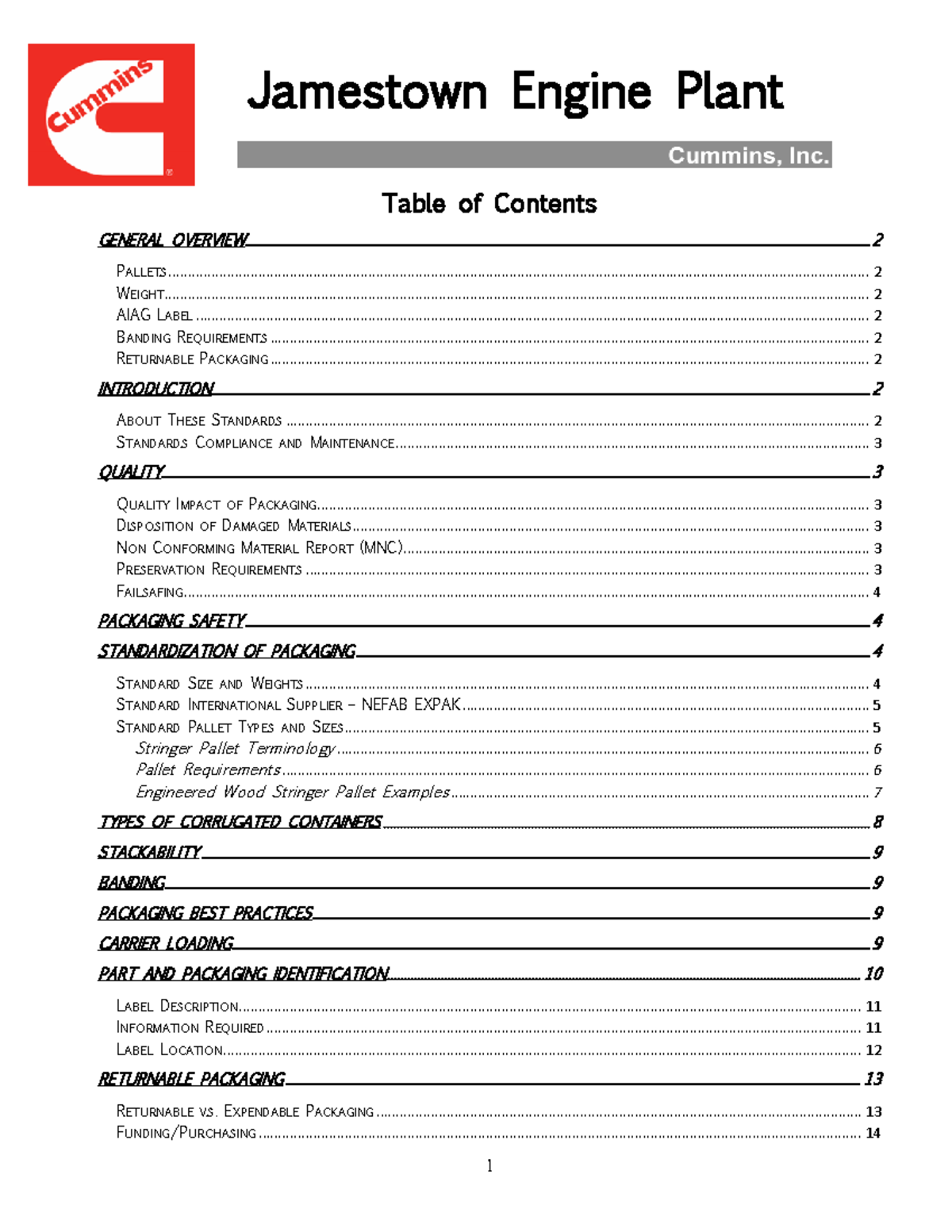 JEP Packaging Standard - GENERAL OVERVIEW Table of Contents PALLETS ...