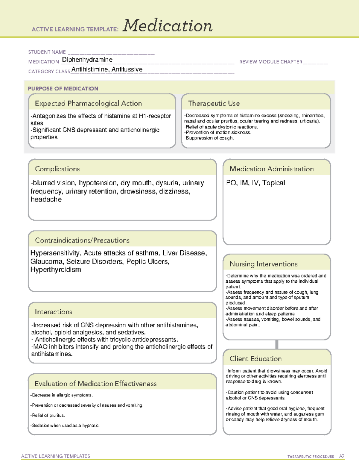 Med Card - Diphenhydramine - ACTIVE LEARNING TEMPLATES TherapeuTic ...