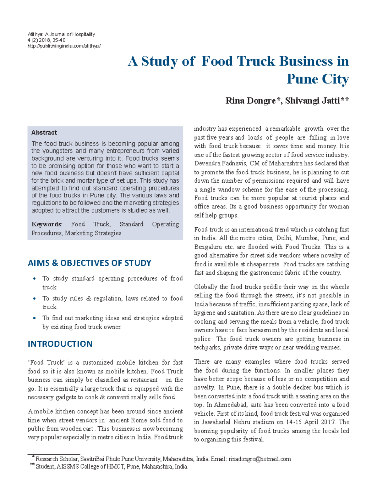 Pune research paper food truck - Abstract The food truck business is ...