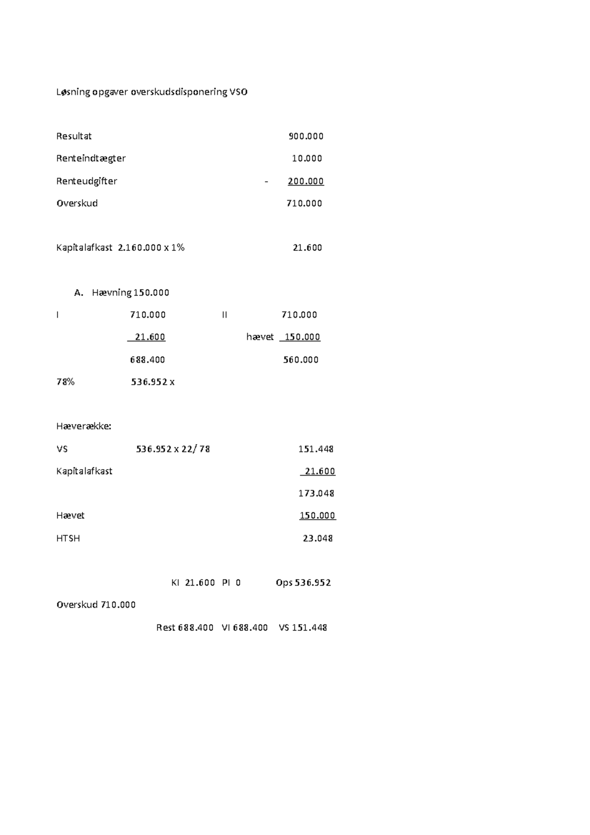 Vejledende løsning VSO opgaver - Løsning opgaver overskudsdisponering VSO Resultat 900. - Studocu