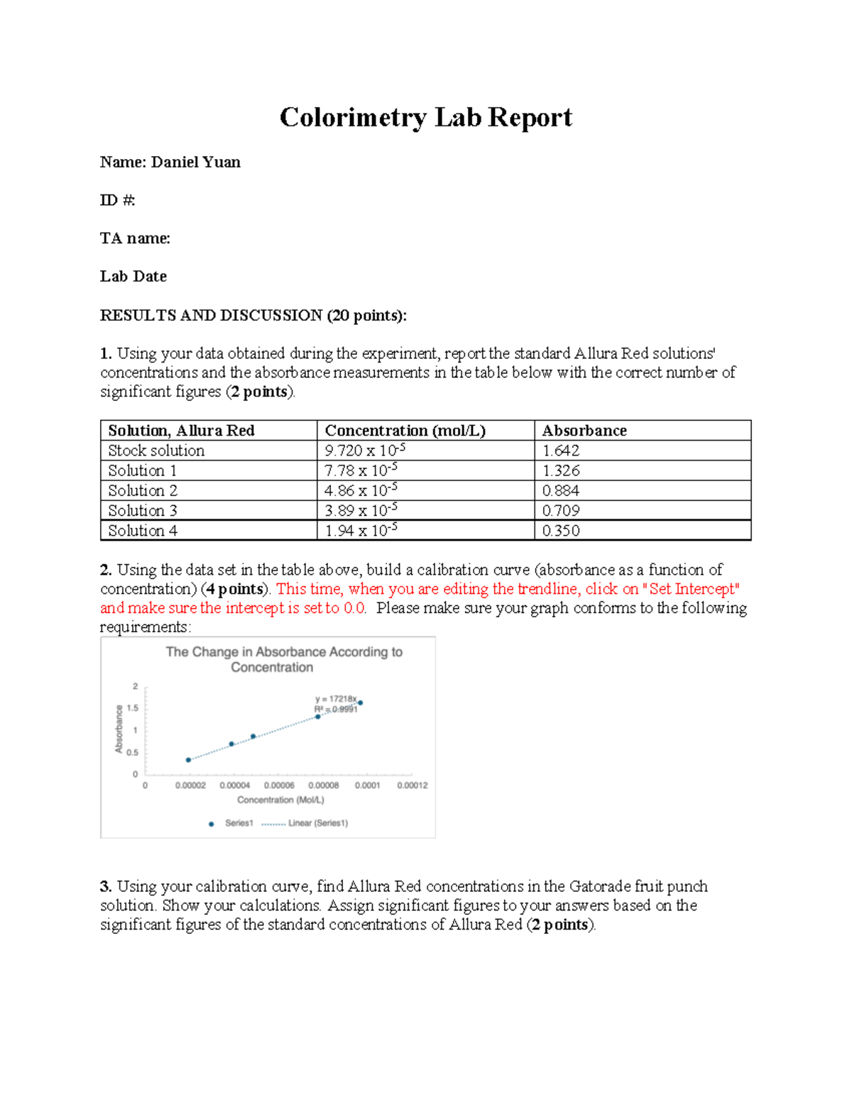 Colorimetry Lab Report - Colorimetry Lab Report Name: Daniel Yuan ID ...
