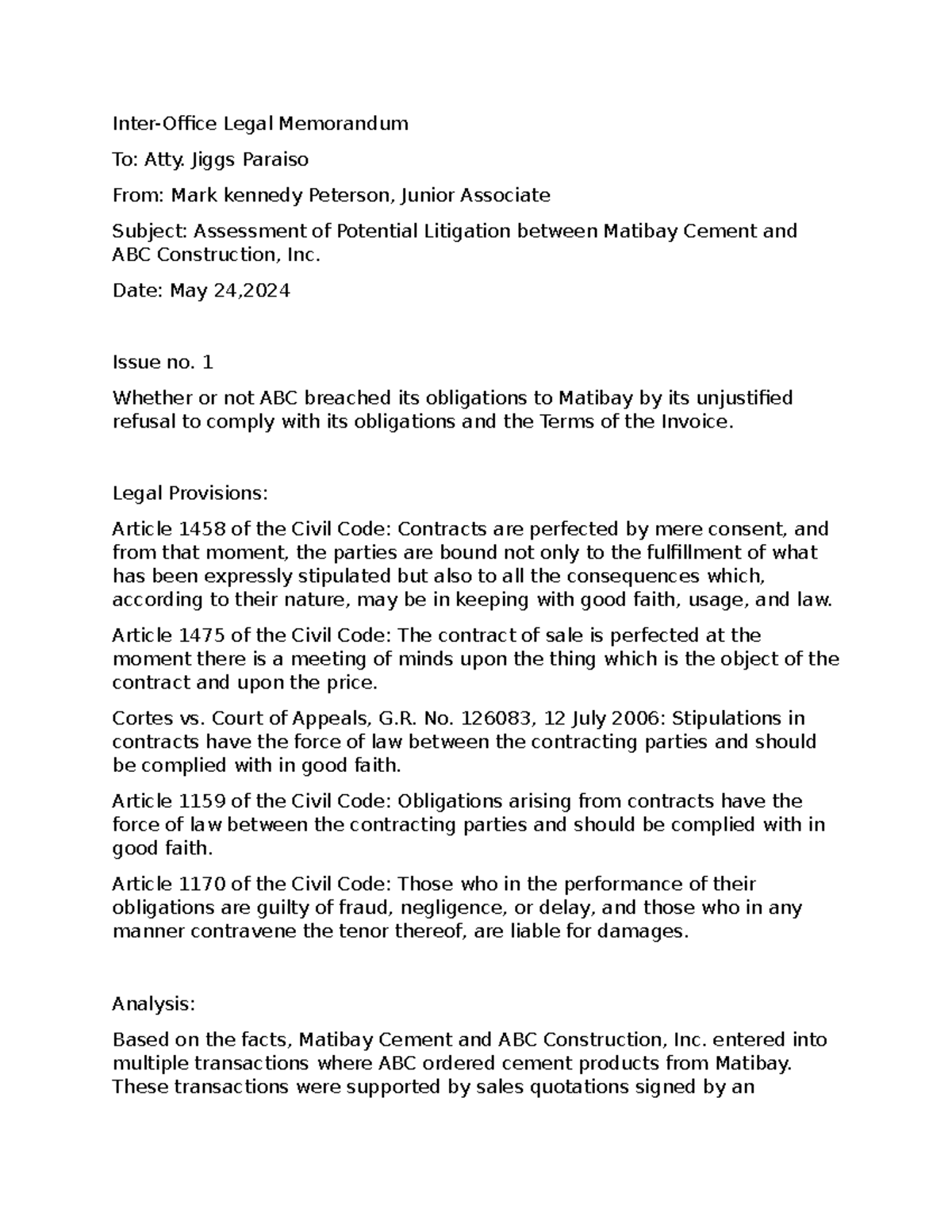 Assignment in legal writing - Inter-Office Legal Memorandum To: Atty ...