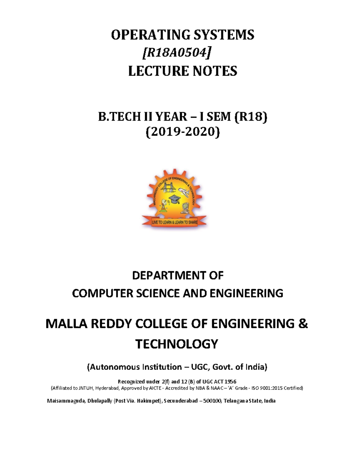 Operating Systems Notes R18 Operating Systems R18a0504 Lecture Notes B Ii Year I Sem R18