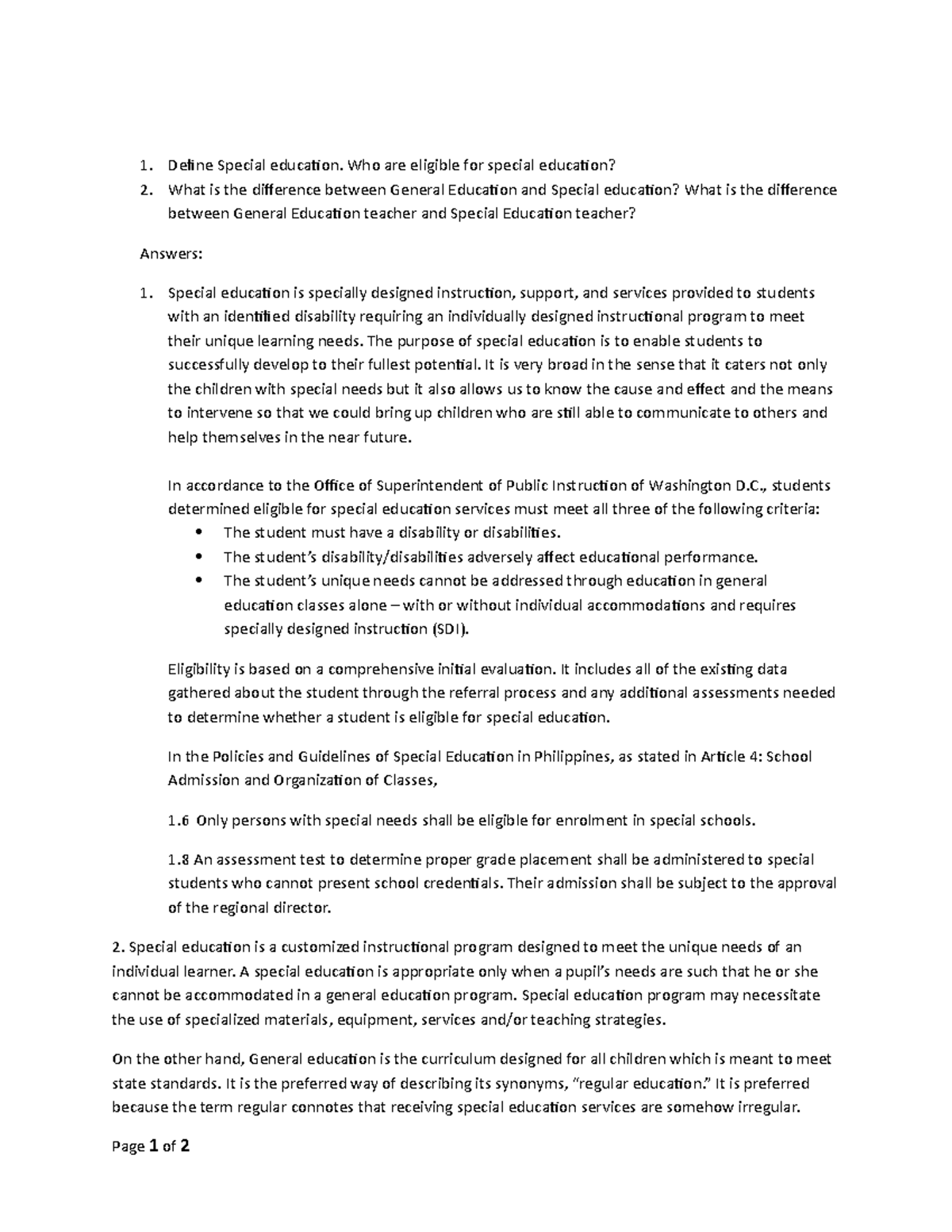 Assignment 1 - Define Special education. Who are eligible for special ...