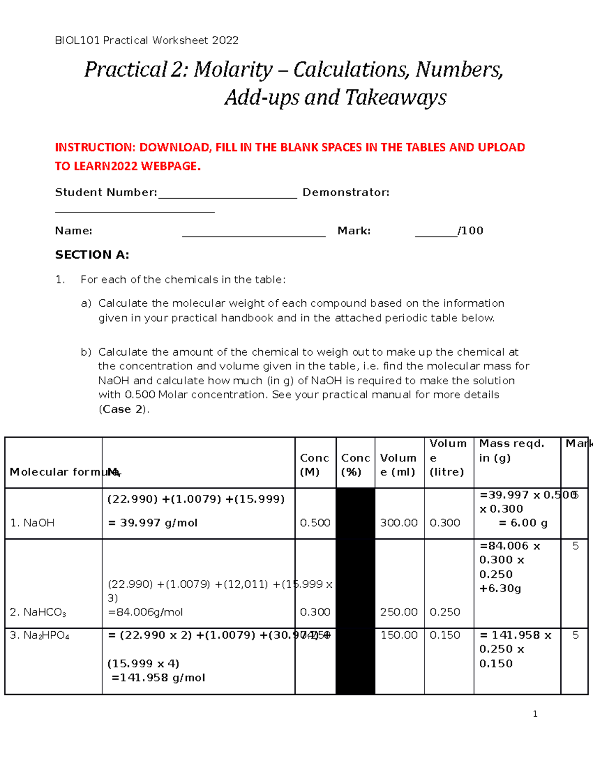 BIOL101 Practical 2 Worksheet 2022 - Practical 2: Molarity ...