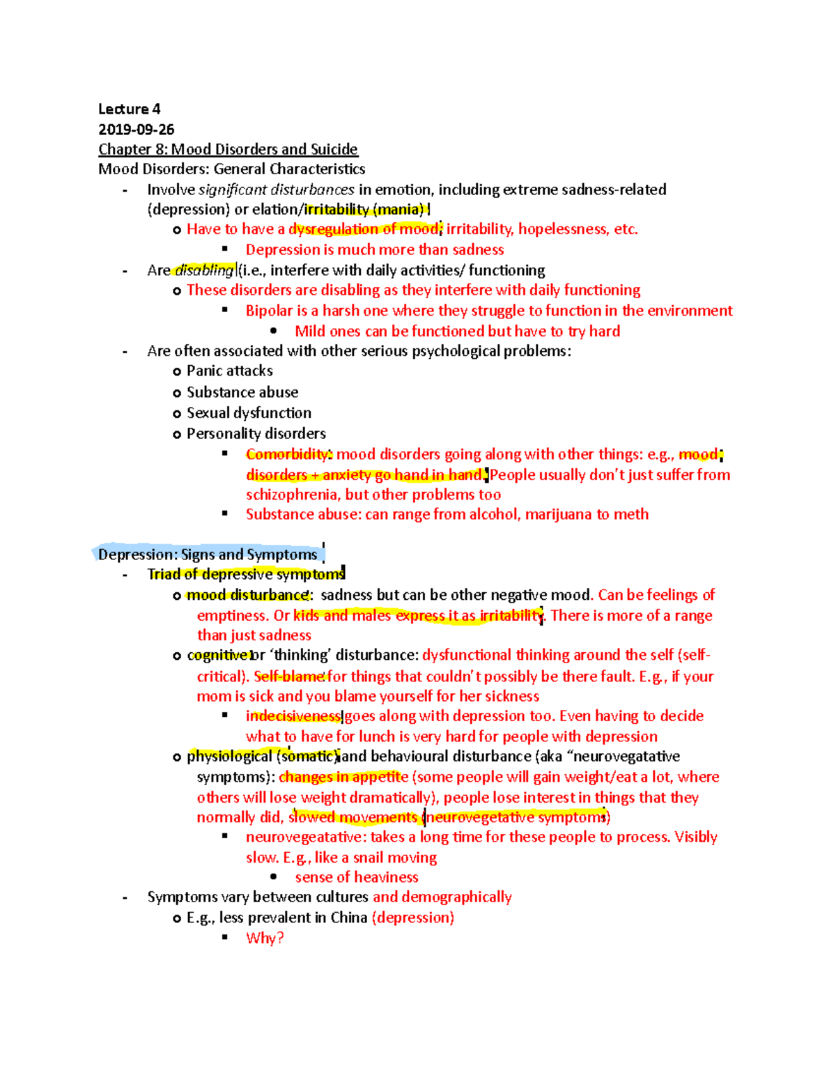 Lecture 4 - Mood Disorders and Suicide - Lecture 4 2019-09- Chapter 8 ...