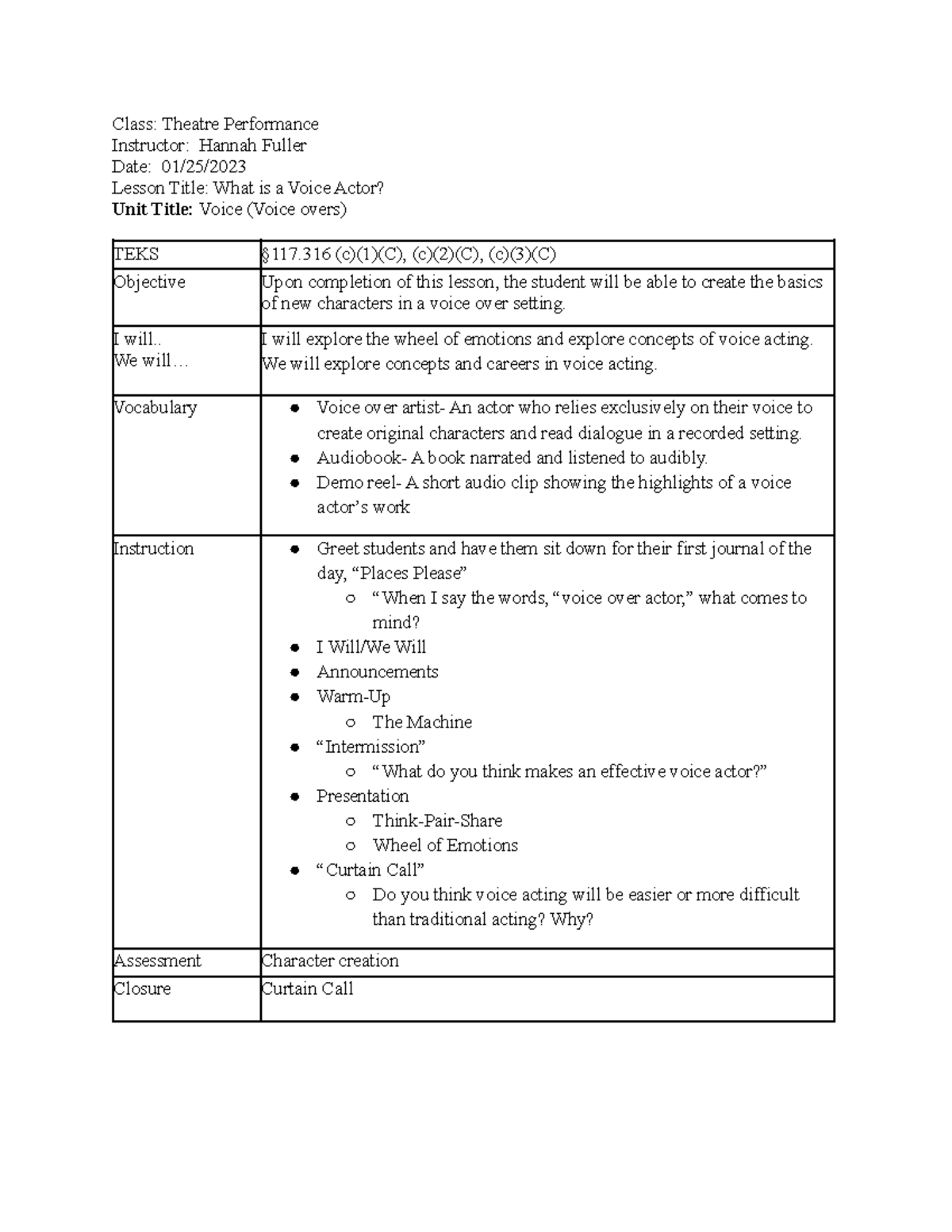 01 25 Lesson Plan Performance - Class: Theatre Performance Instructor ...