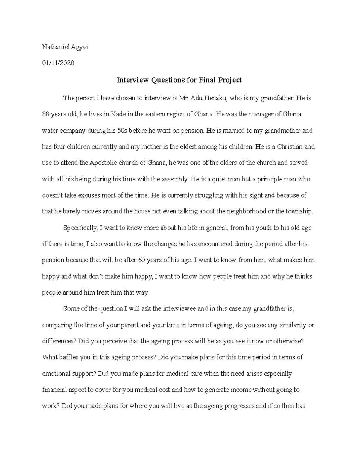 Interview Questions for Final Project - Perspective in aging - CHE 320 ...