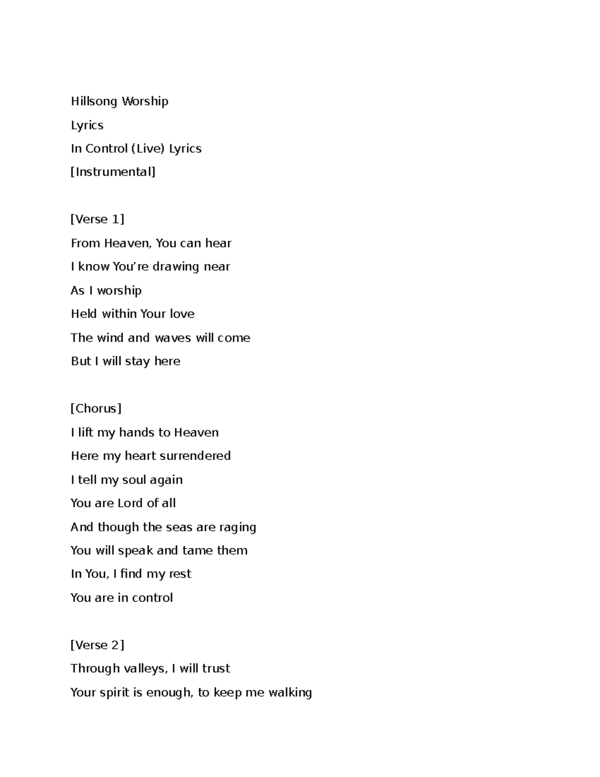 In control - Choir - Hillsong Worship Lyrics In Control (Live) Lyrics ...