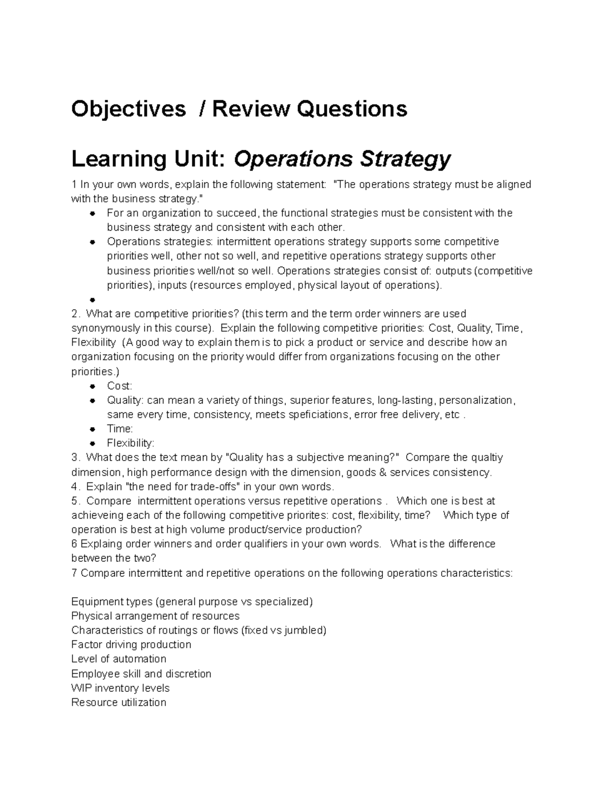 Learning Units 4-6 Forecasting, Operations Strategy, Aggregate Planning ...