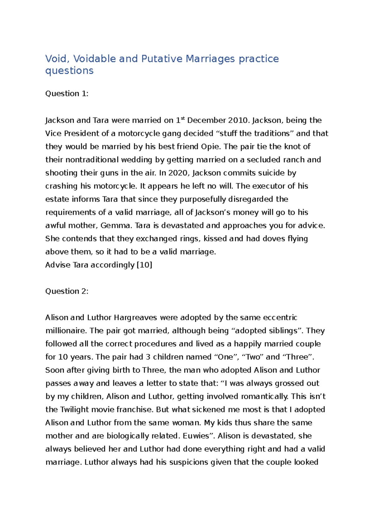 Void, Voidable and Putative Marriages practice questions (1) - Void ...