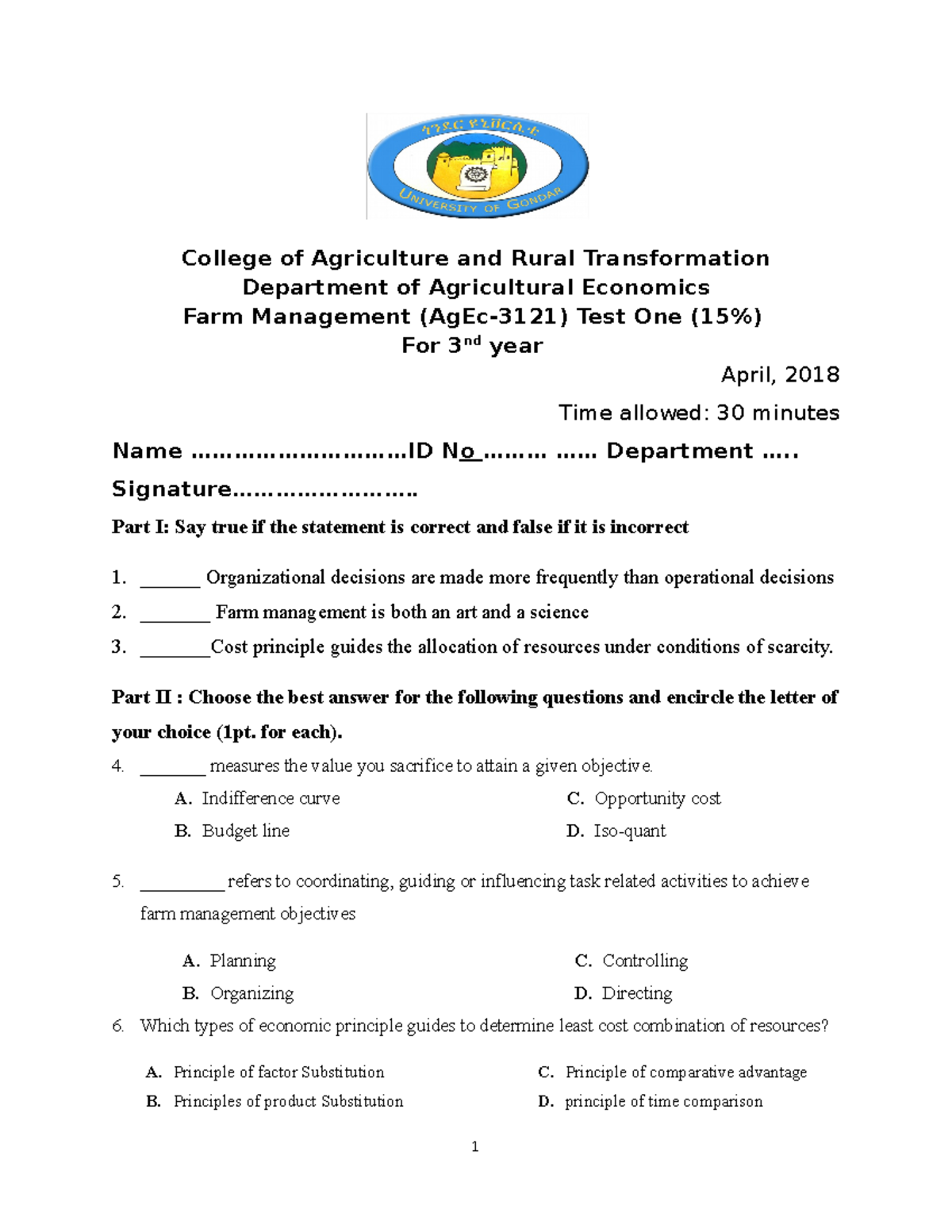 Test 1 2018 - College of Agriculture and Rural Transformation ...