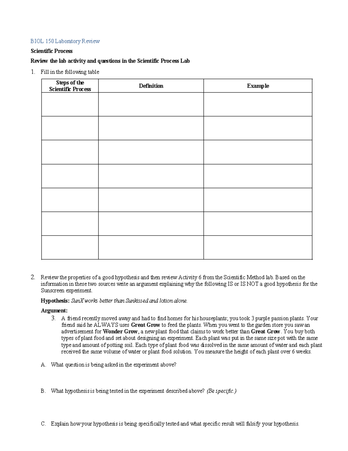Lab Exam 1 Review - BIOL 150 Laboratory Review Scientific Process ...