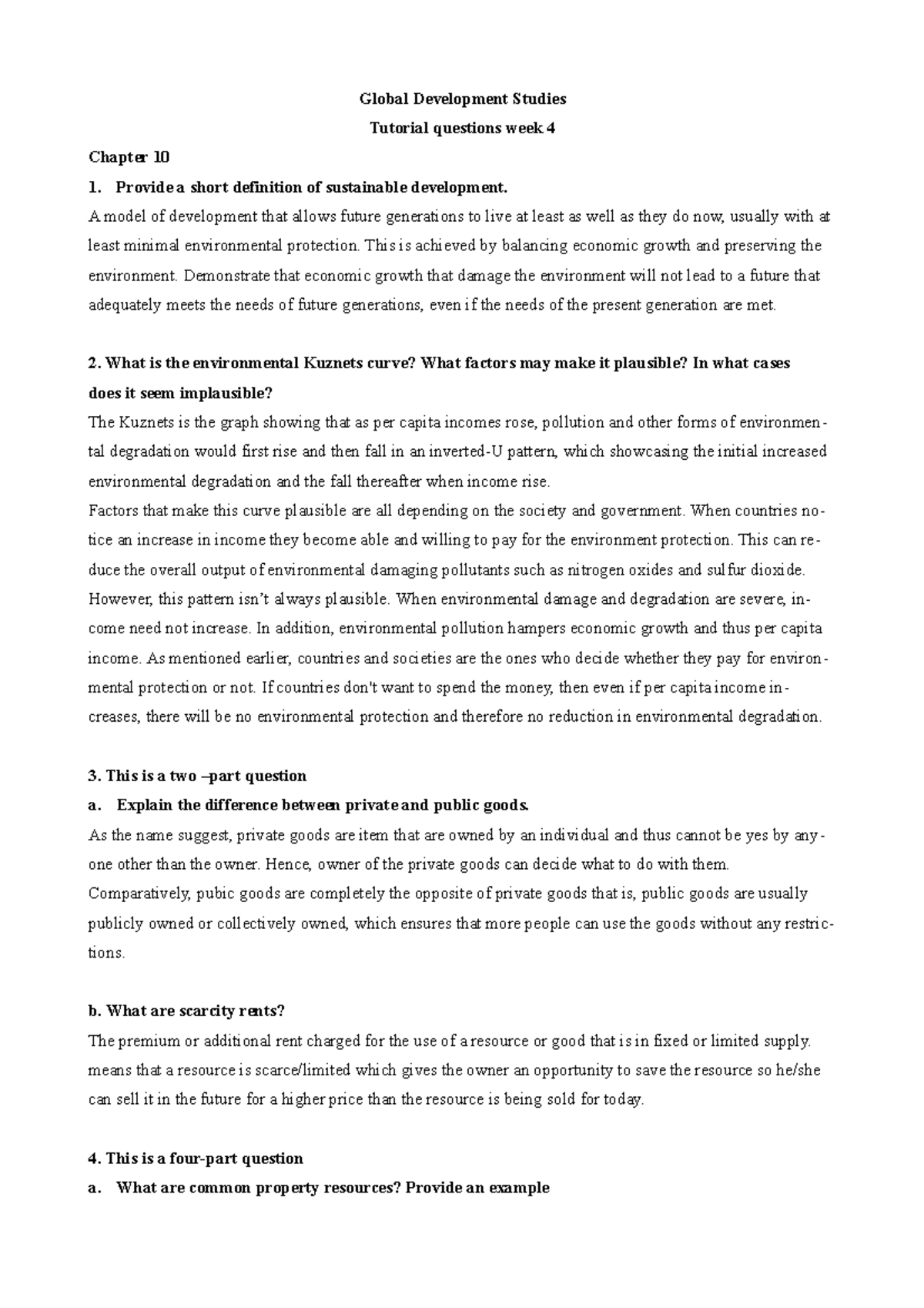 GBD-TTL4 - ttl - Global Development Studies Tutorial questions week 4 Chapter 10 Provide a short ...