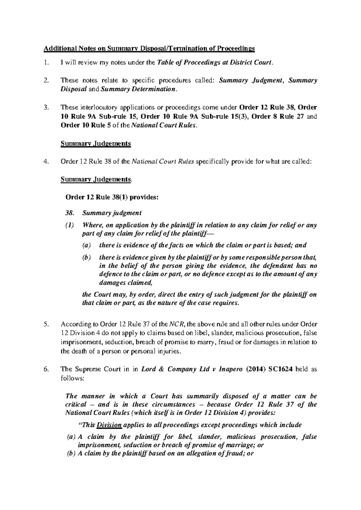 Additional Notes on Summary Judgements and Summary Disposal of ...