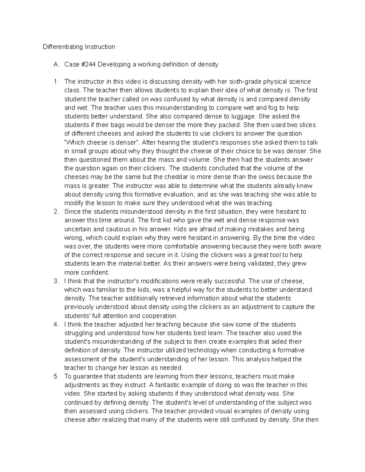 Differentiating Instruction - Case #244 Developing a working definition of density The ...