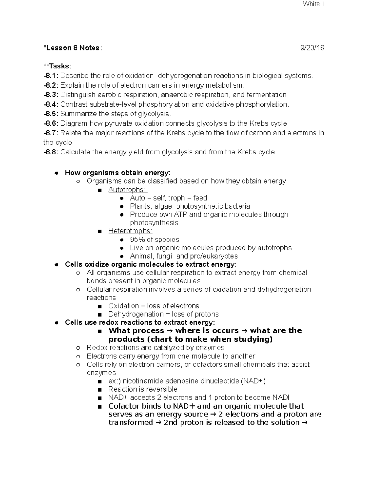 Chapter 8 - Lecture notes 1 - White 1 *Lesson 8 Notes: 9/20/16 **Tasks ...