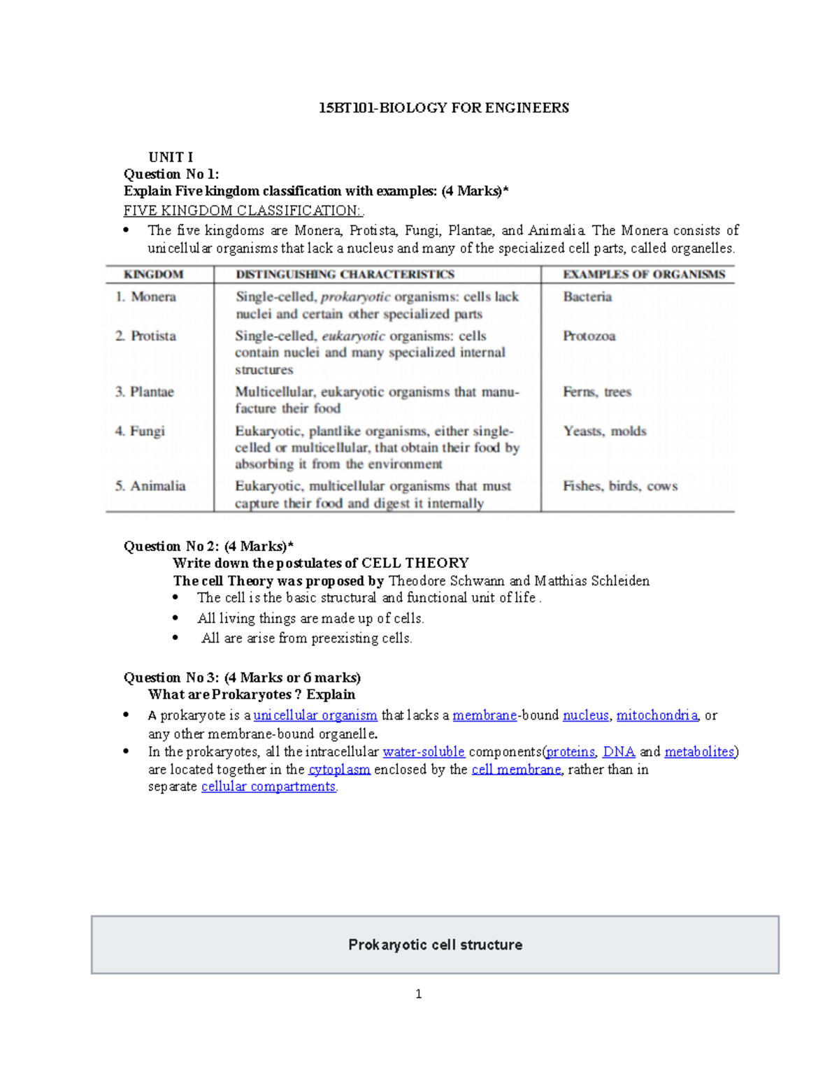 UNIT I 4Marks - unit 4 marks - 15BT101-BIOLOGY FOR ENGINEERS UNIT I ...
