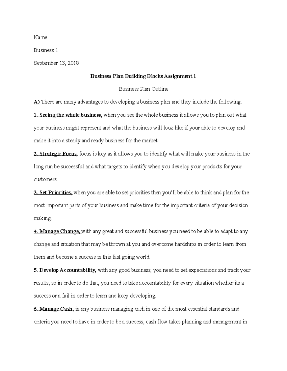 Building Block Business Assignment - Name Business 1 September 13, 2018 ...