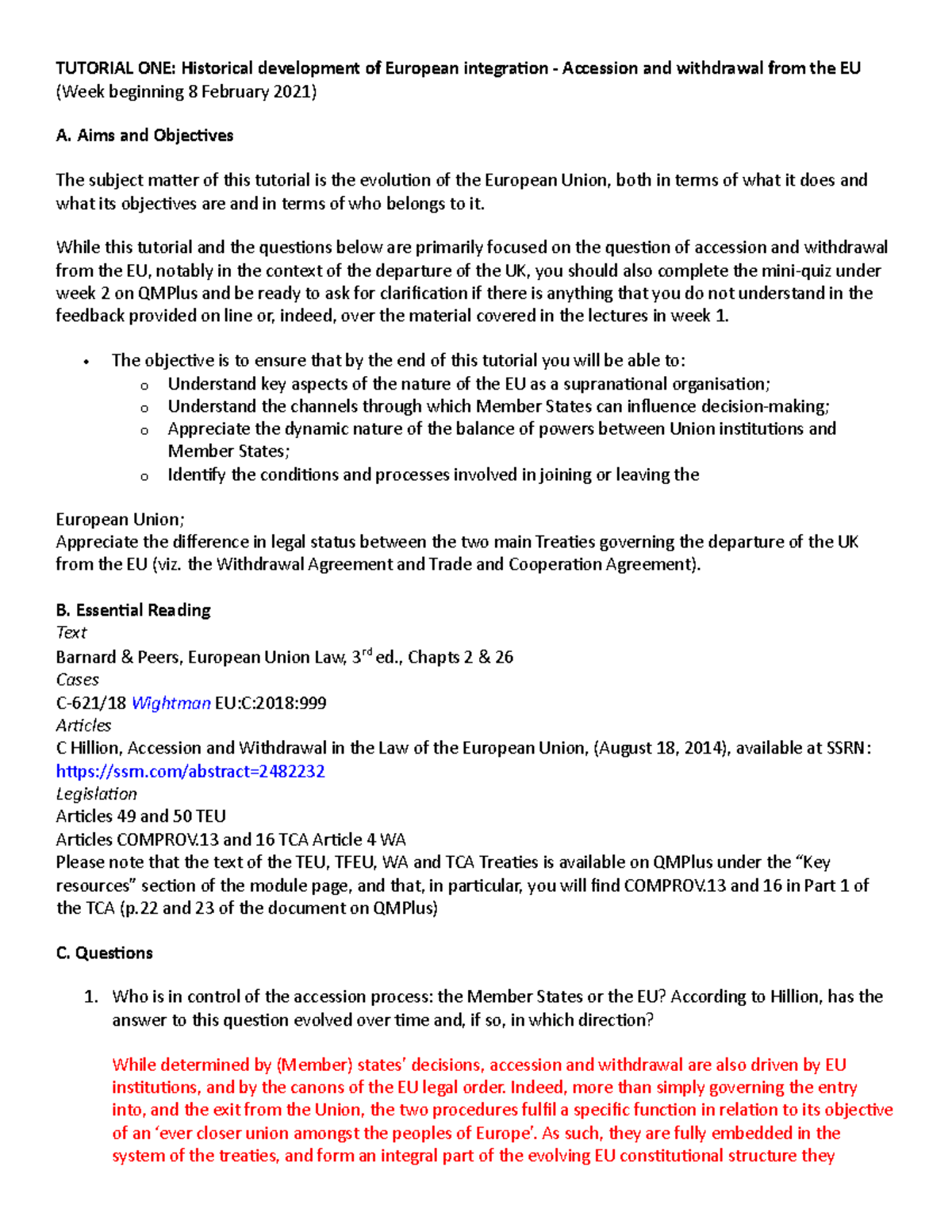 Eu Law Tutorial Notes Tutorial One Historical Development Of European Integration Accession