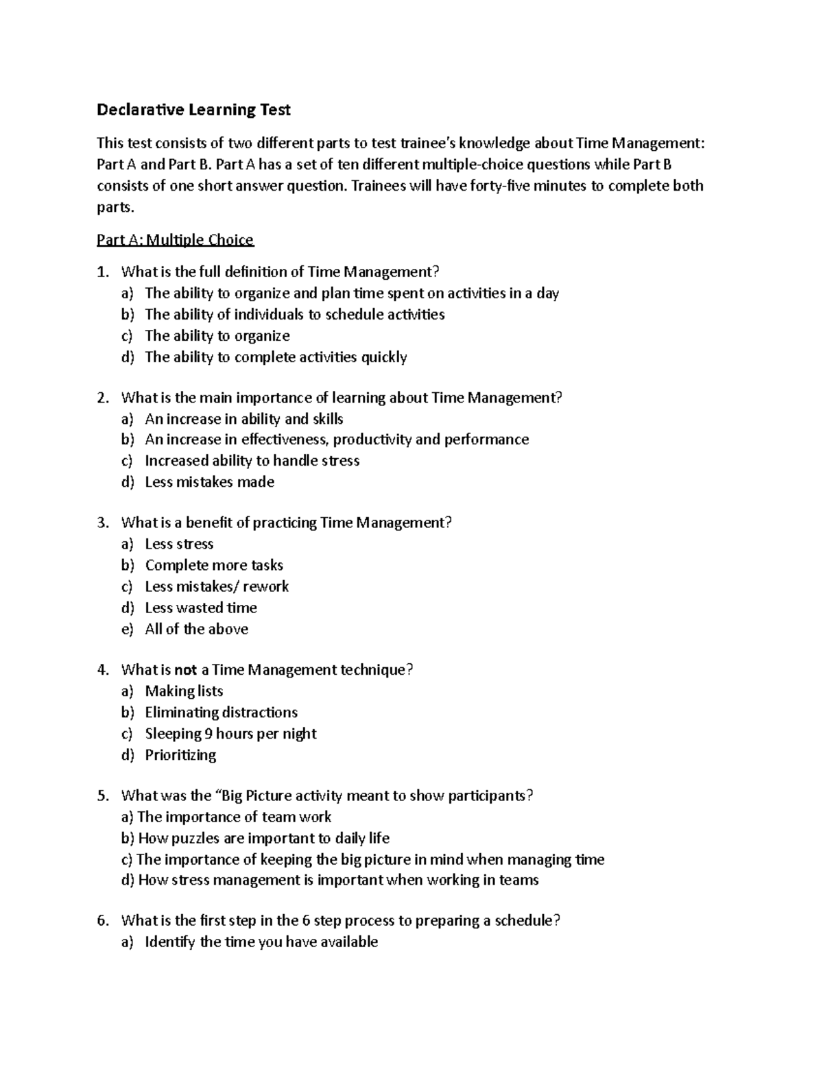 Part 4 Declarative Knowledge Test - Declarative Learning Test This test ...