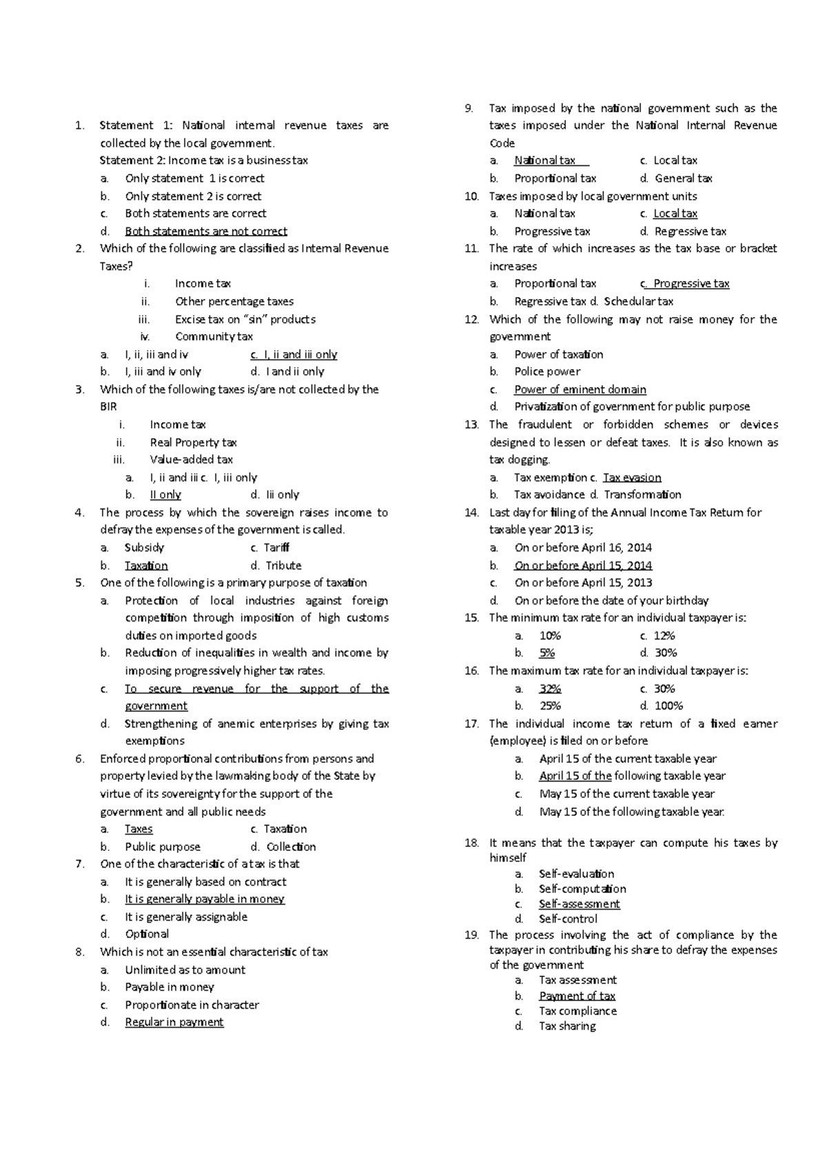 TAX- Reviewer - Statement 1: National internal revenue taxes are ...