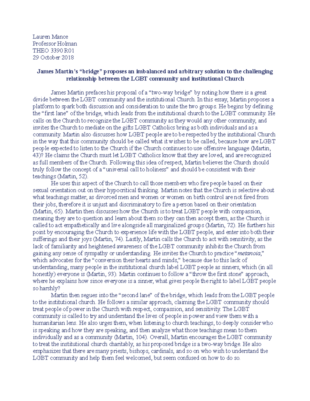 Discussion Paper 8 - Grade: A - Lauren Mance Professor Holman THEO 3390 ...