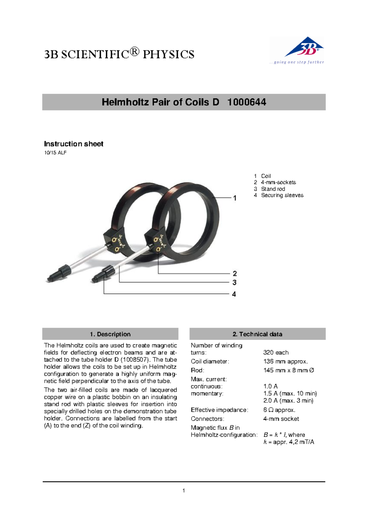 Helmholtz Coils 1000644 EN-1 - 3B SCIENTIFIC® PHYSICS 1 Helmholtz Pair ...