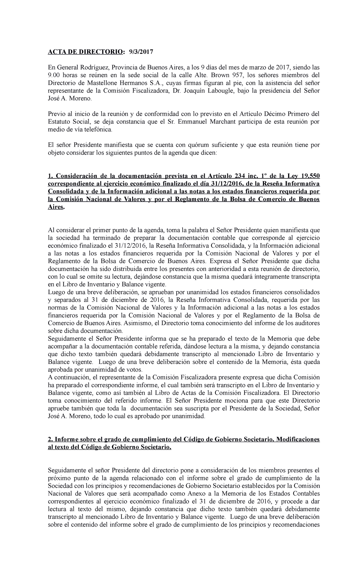Acta de Directorio Mastellone - ACTA DE DIRECTORIO: 9/3/ En General Rodríguez, Provincia de ...