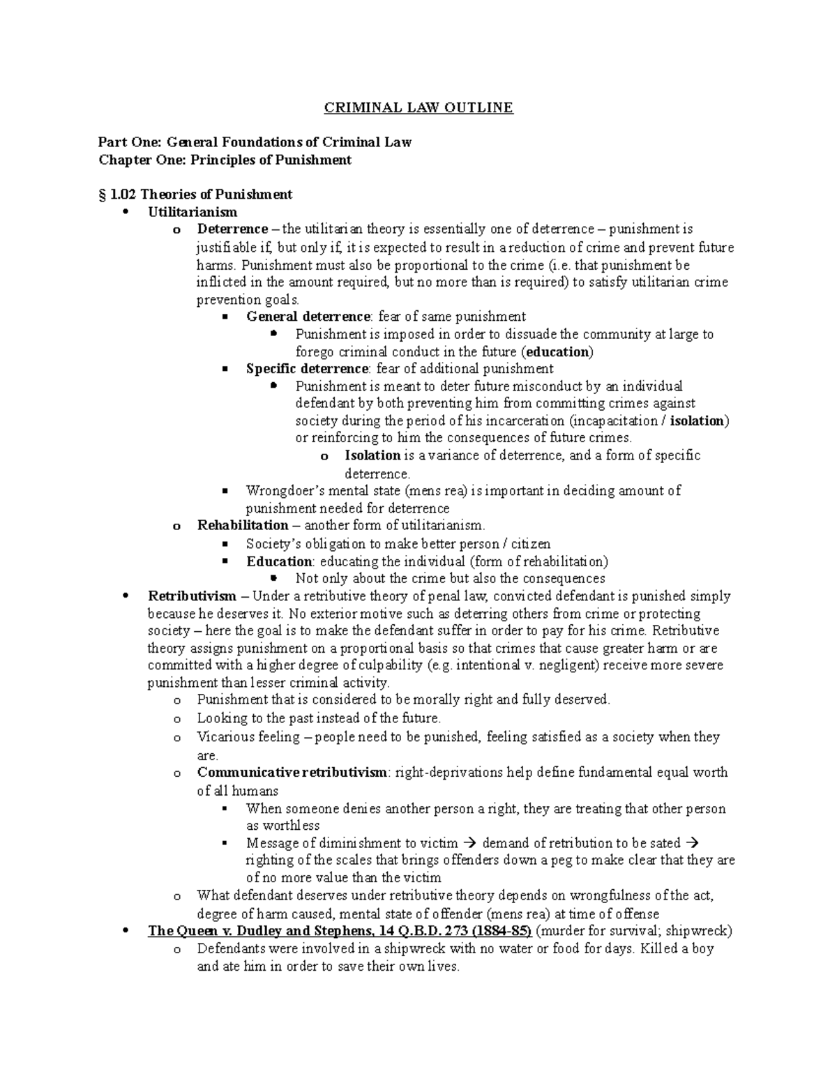 Criminal Law Outline 1 - CRIMINAL LAW OUTLINE Part One: General ...