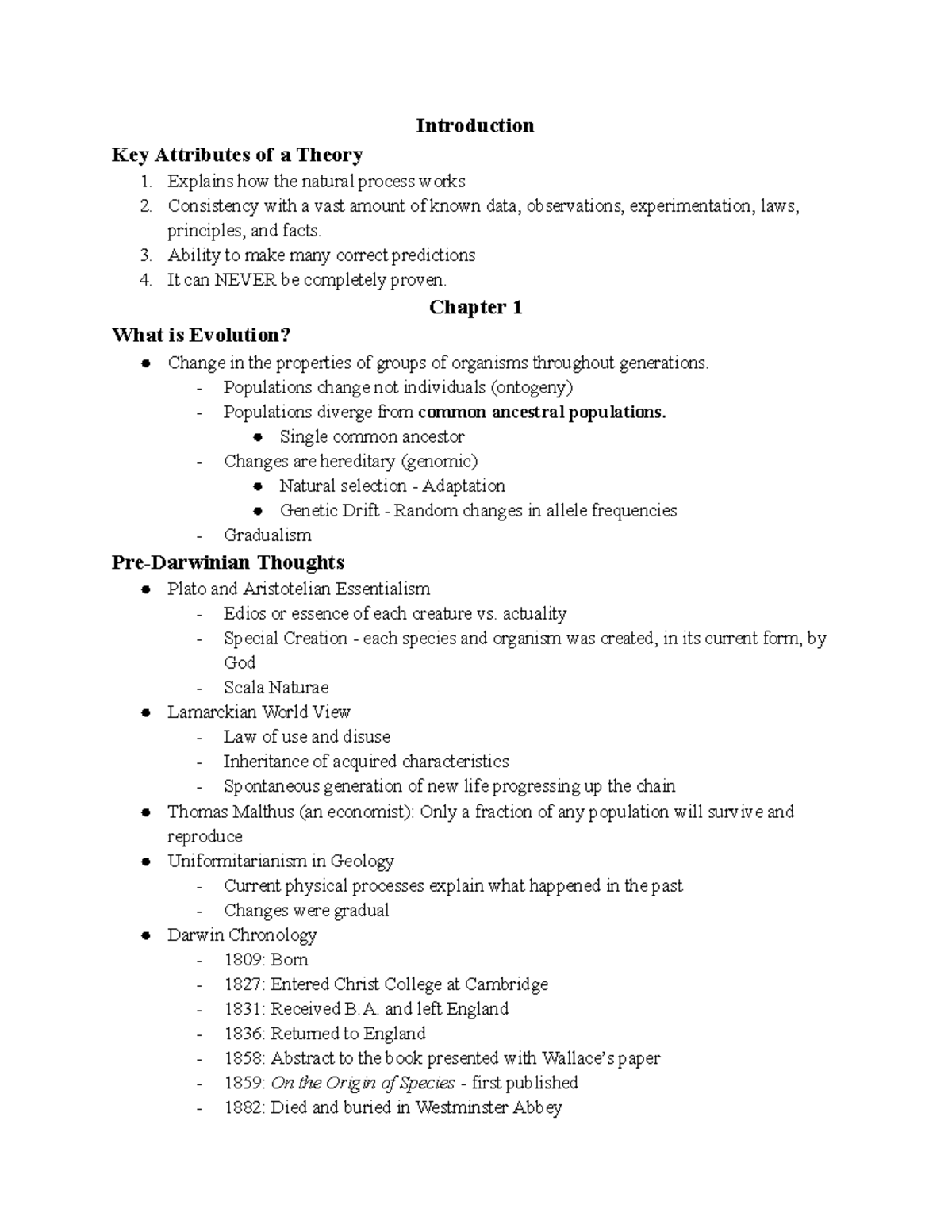 Intro To Evolution Notes - Introduction Key Attributes of a Theory ...