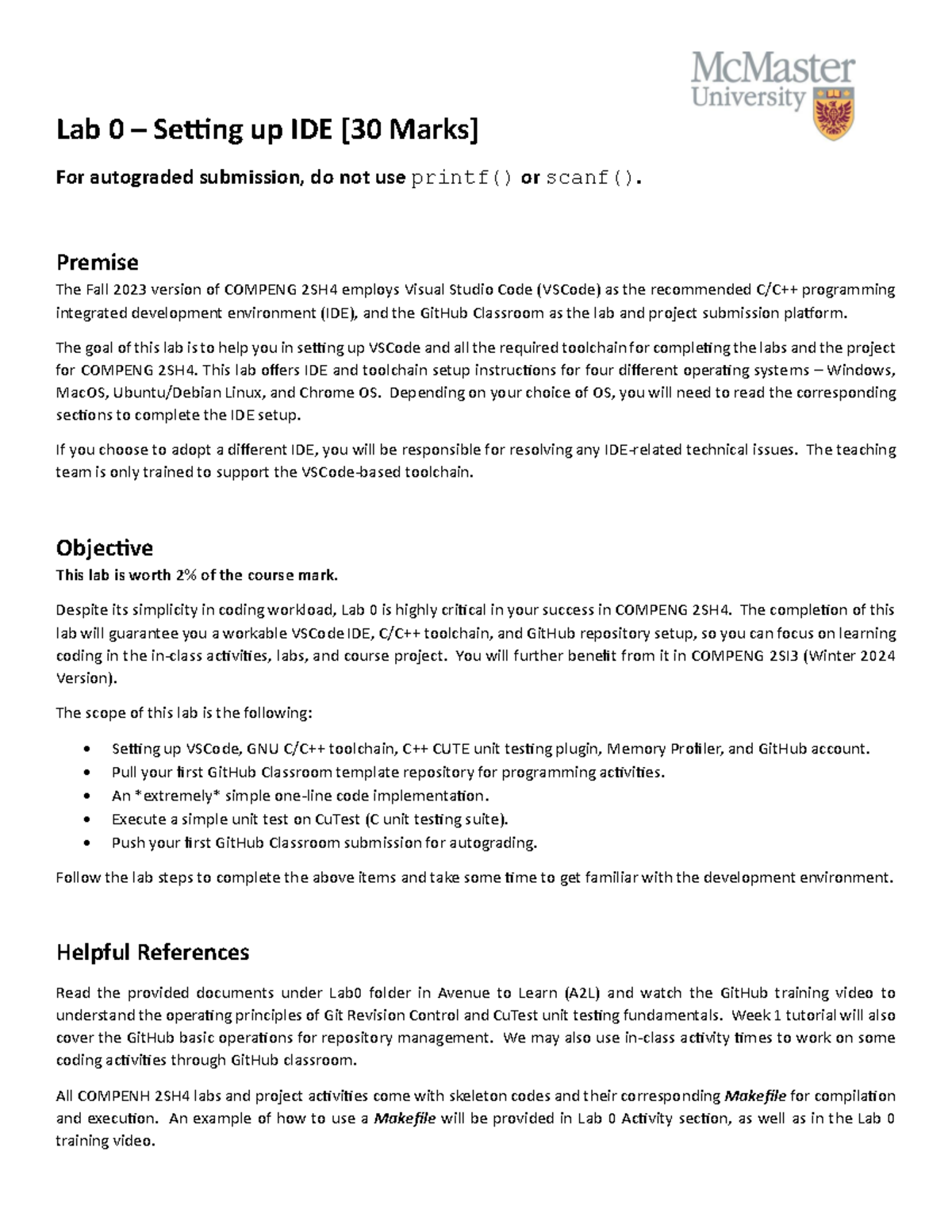 CE2SH4 Lab0 Manual v2023 - Lab 0 – Setting up IDE [30 Marks] For autograded submission, do not ...