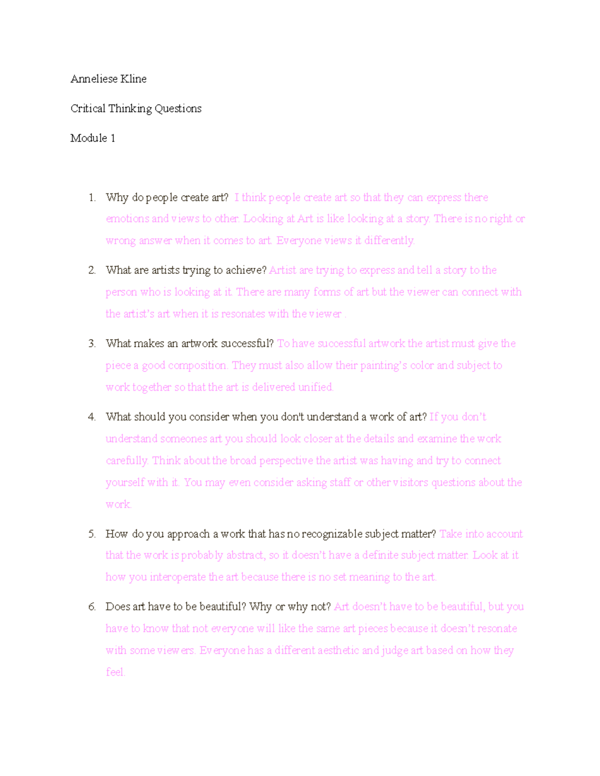 Module 1 Critical thinking - Anneliese Kline Critical Thinking ...