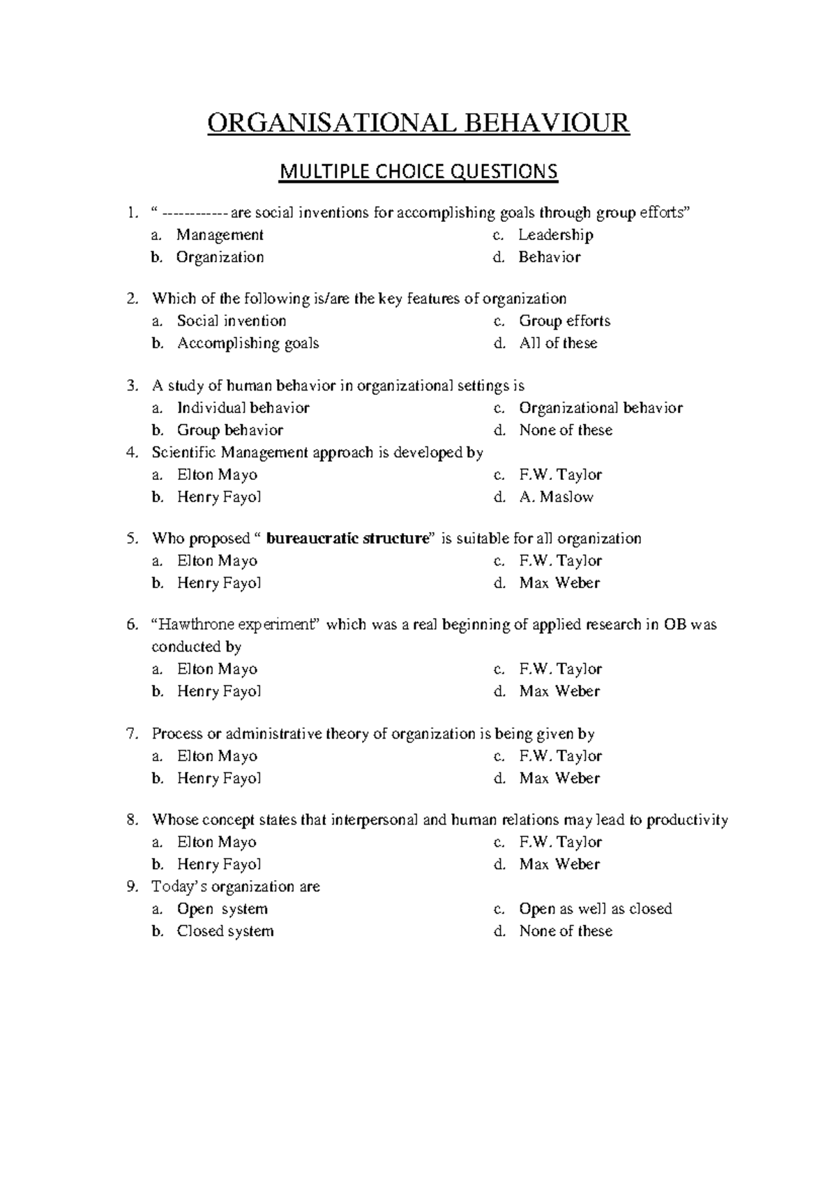 OB Important MCQs - bba 2nd sem first year - ORGANISATIONAL BEHAVIOUR ...