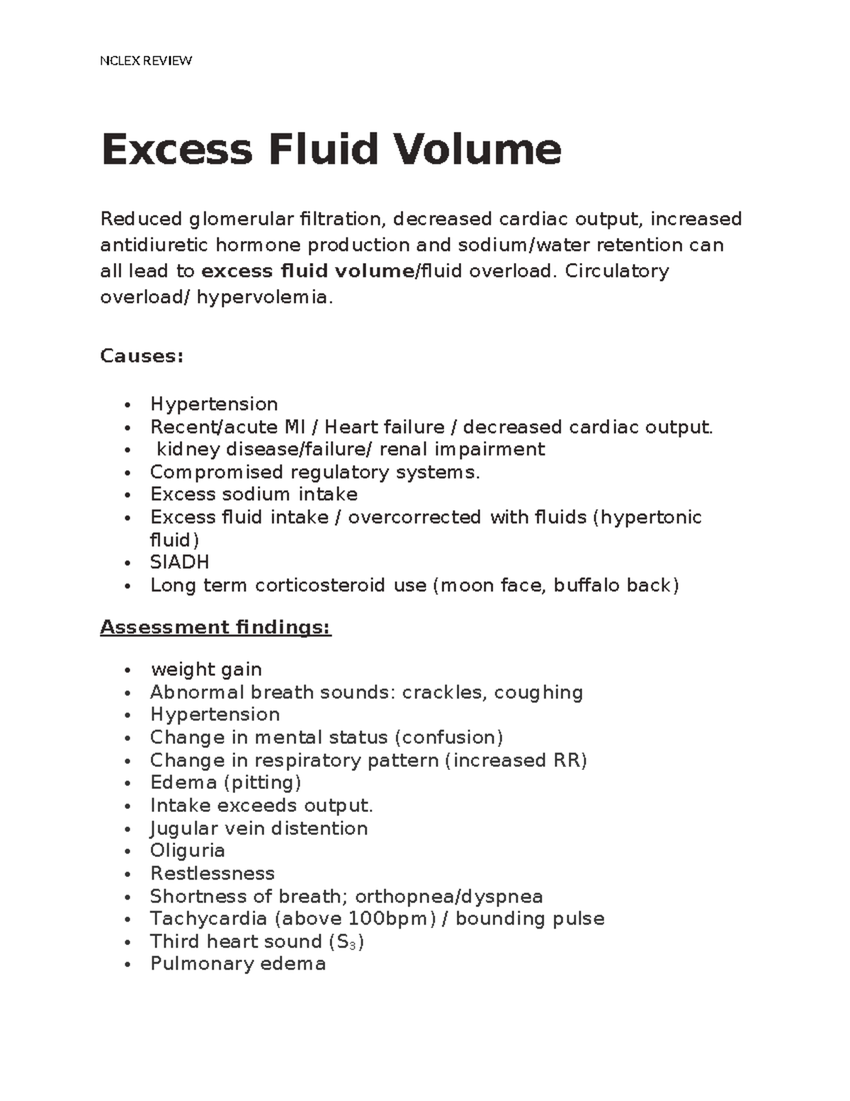 Fluid volume excess - NCLEX REVIEW Excess Fluid Volume Reduced ...